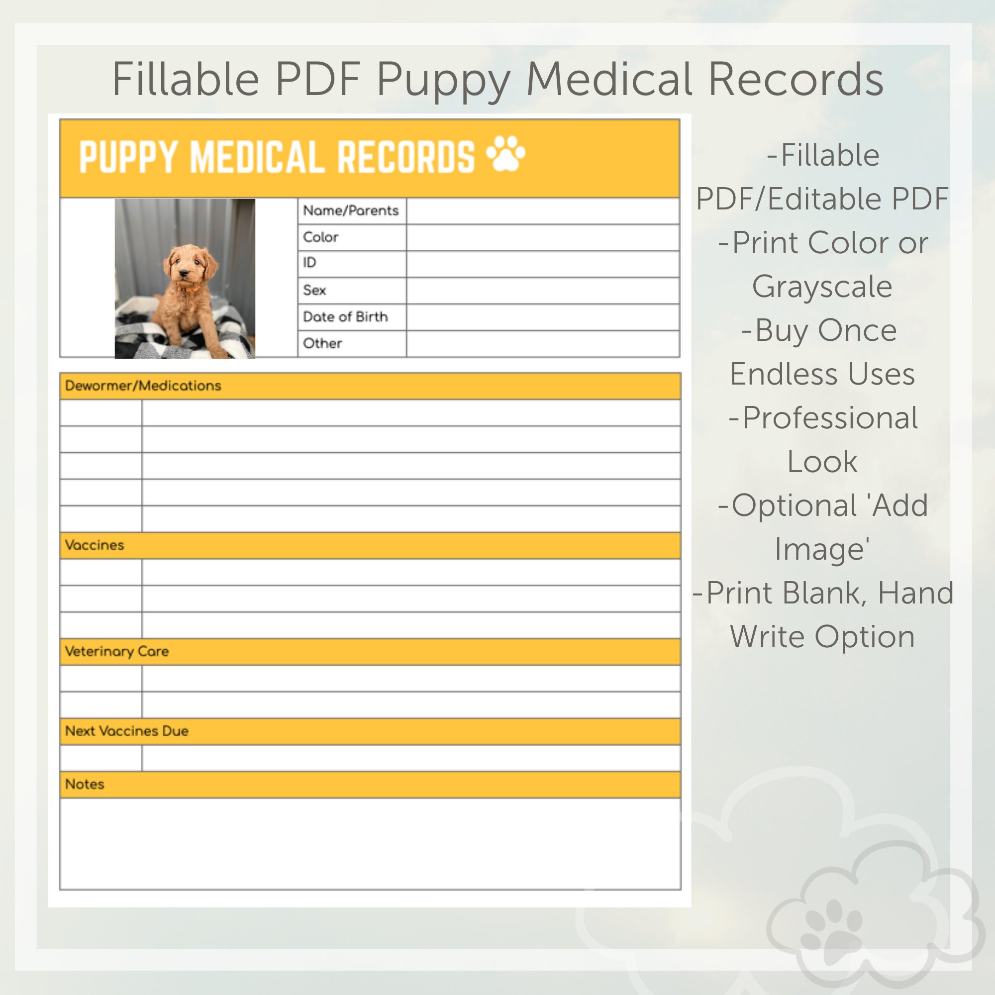 Puppy Medical Records Forms- Fillable PDF - Yellow - Etsy