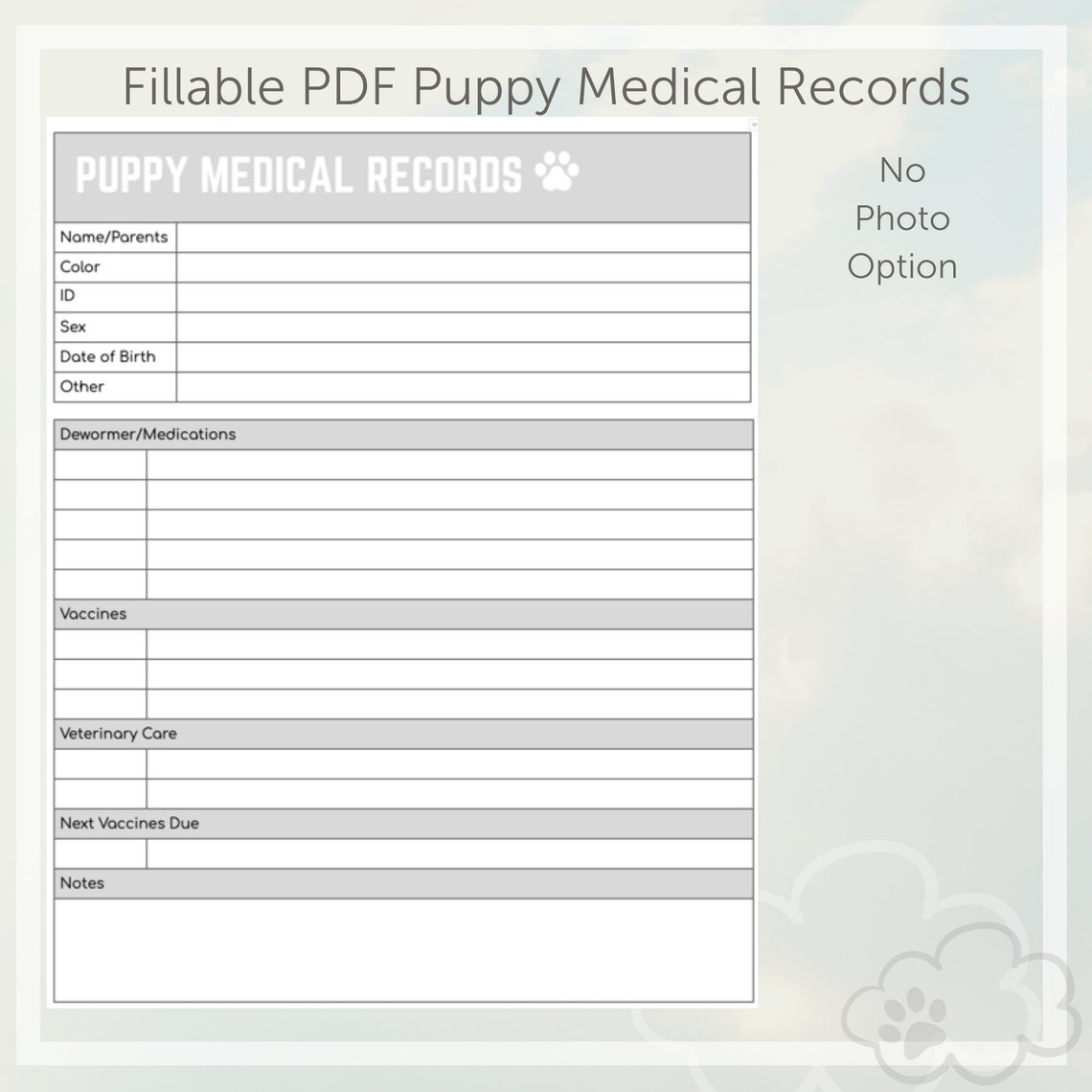 Puppy Medical Records Forms- Fillable PDF - Grey - Etsy