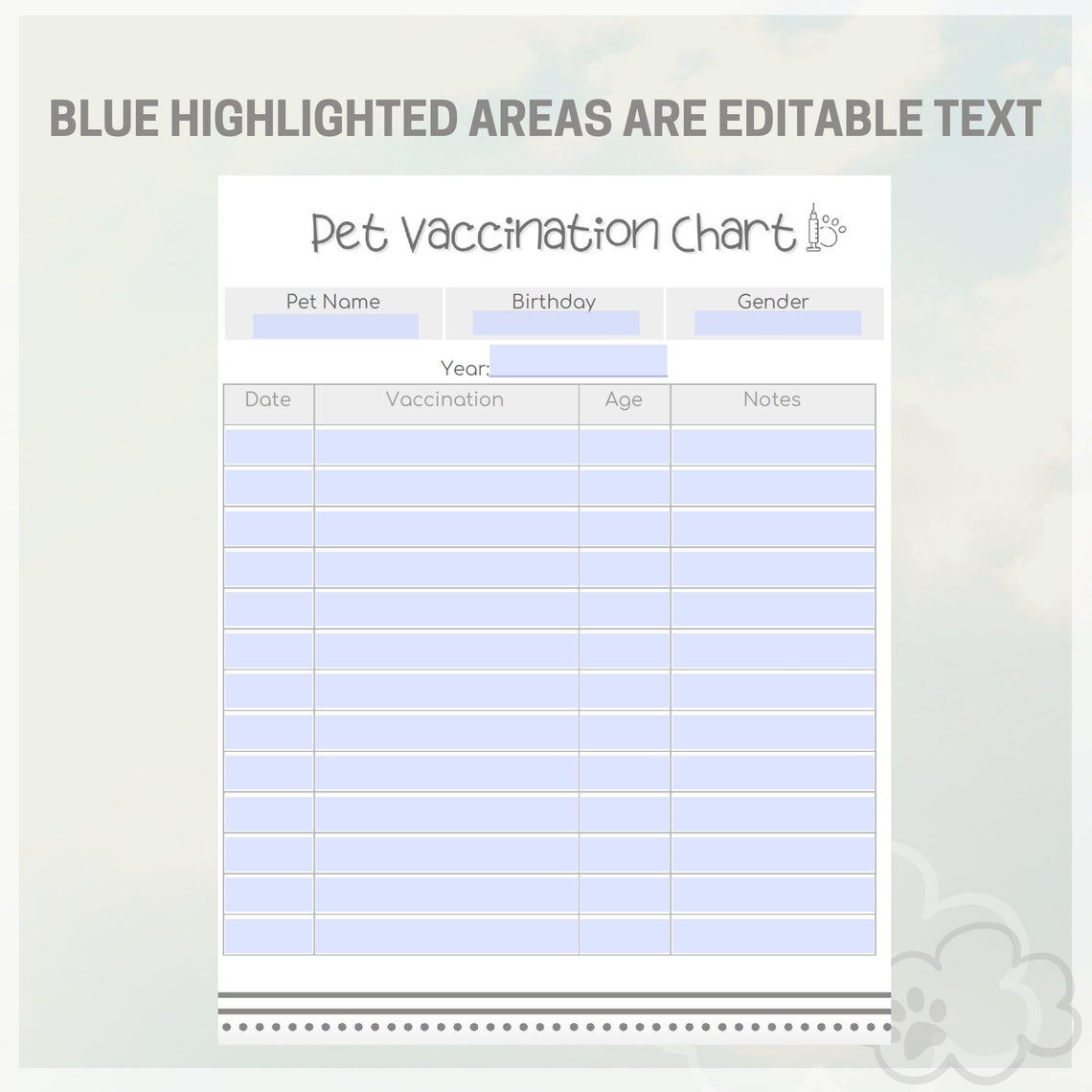 Pet Vaccination Chart PDF Fillable and Hand Write - Etsy