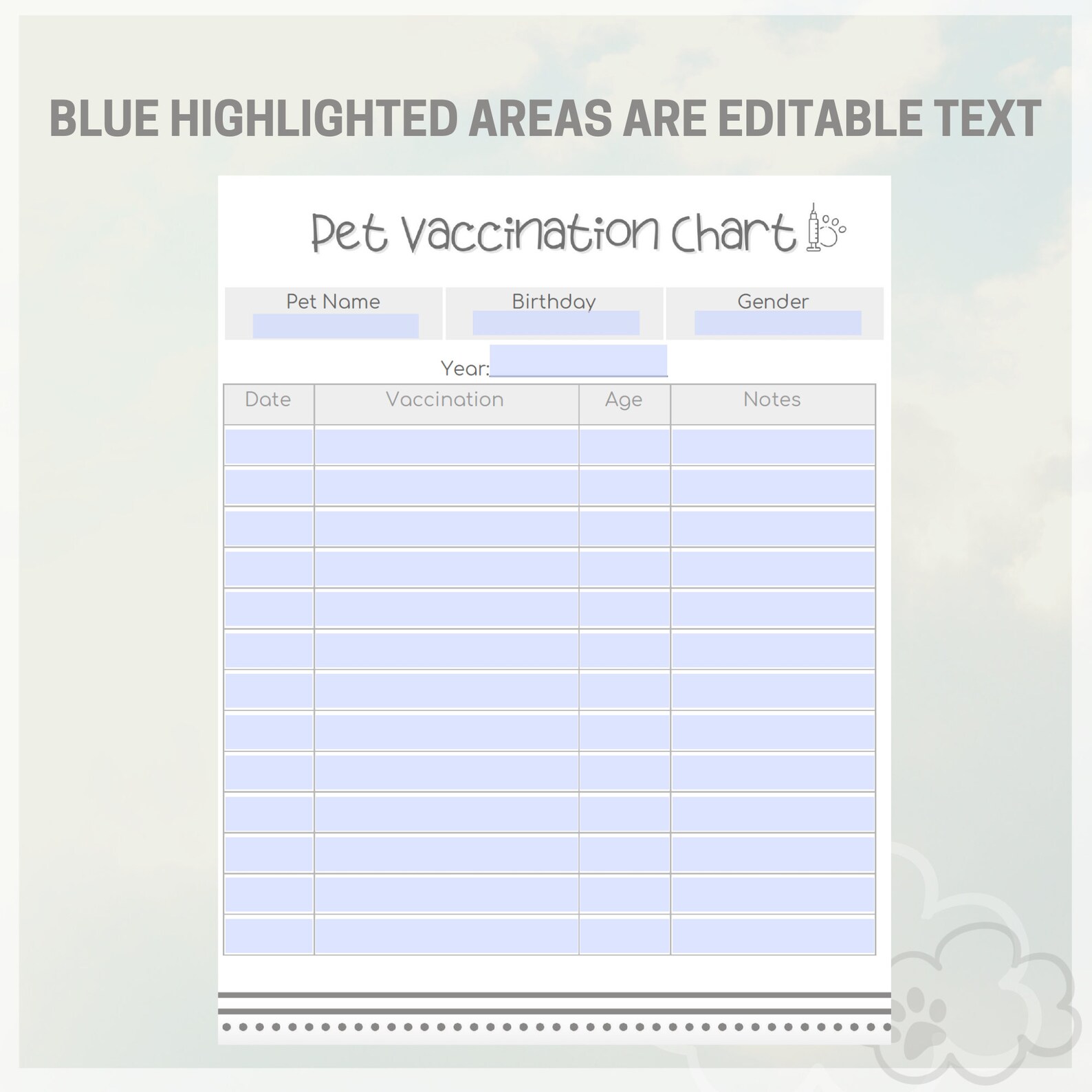 Pet Vaccination Chart - PDF Fillable and Hand Write - Etsy
