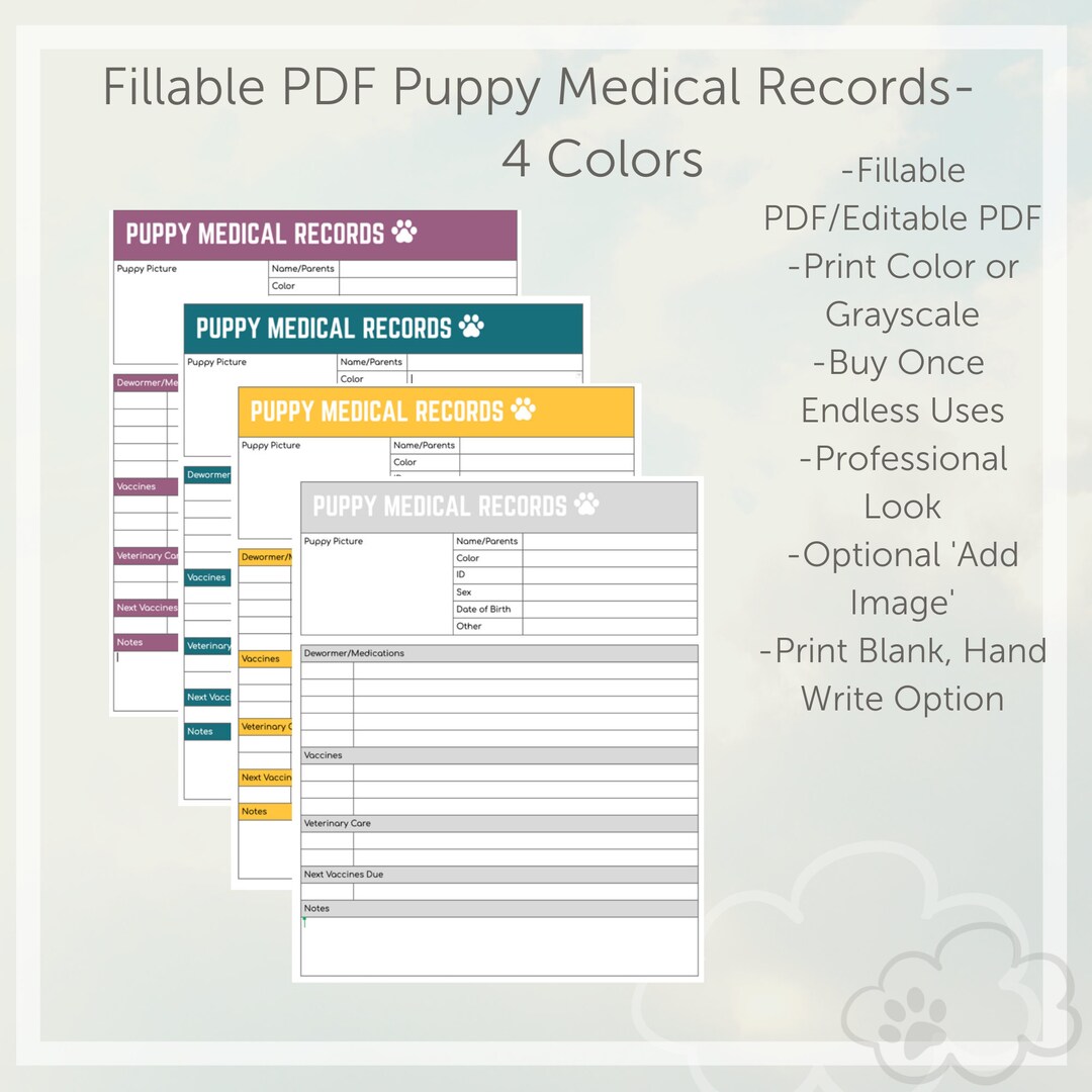 Puppy Medical Records Forms- Fillable PDF - 4 Colors - Etsy