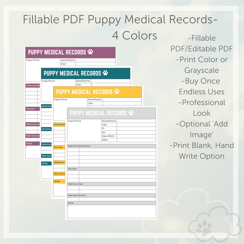 Puppy Medical Records Forms- Fillable PDF - 4 Colors - Etsy