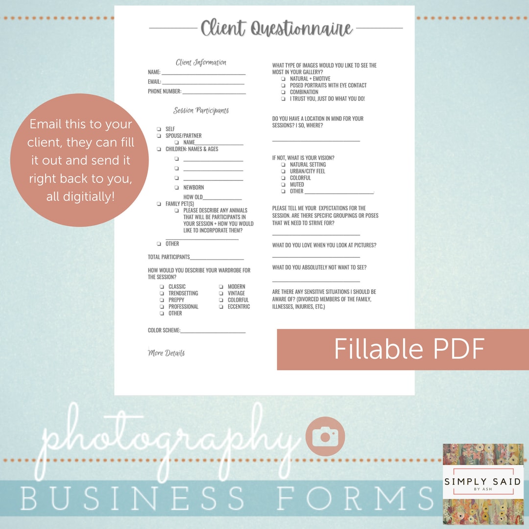Photography Client Questionnaire- Fillable PDF - Etsy