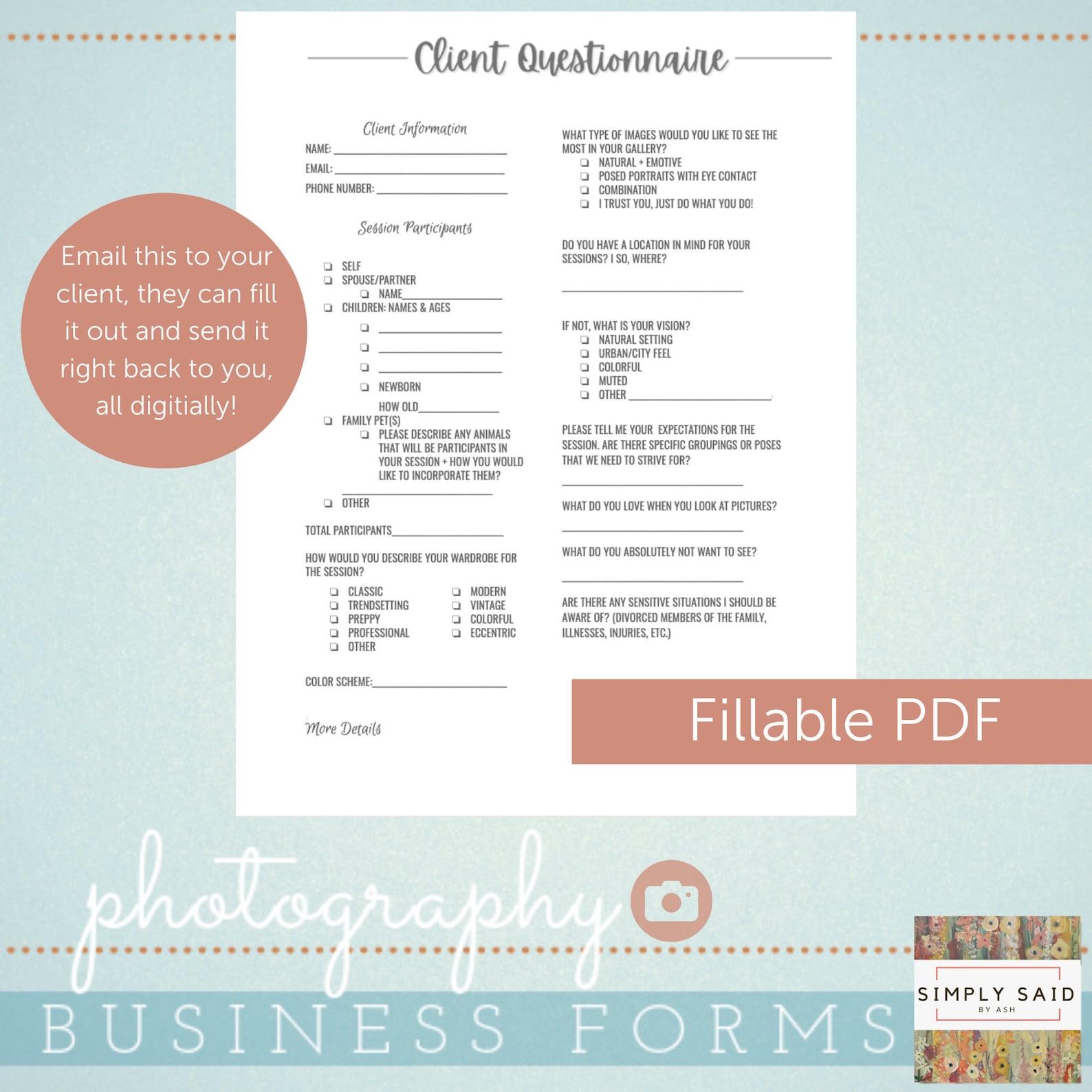 Photography Client Questionnaire- Fillable PDF - Etsy