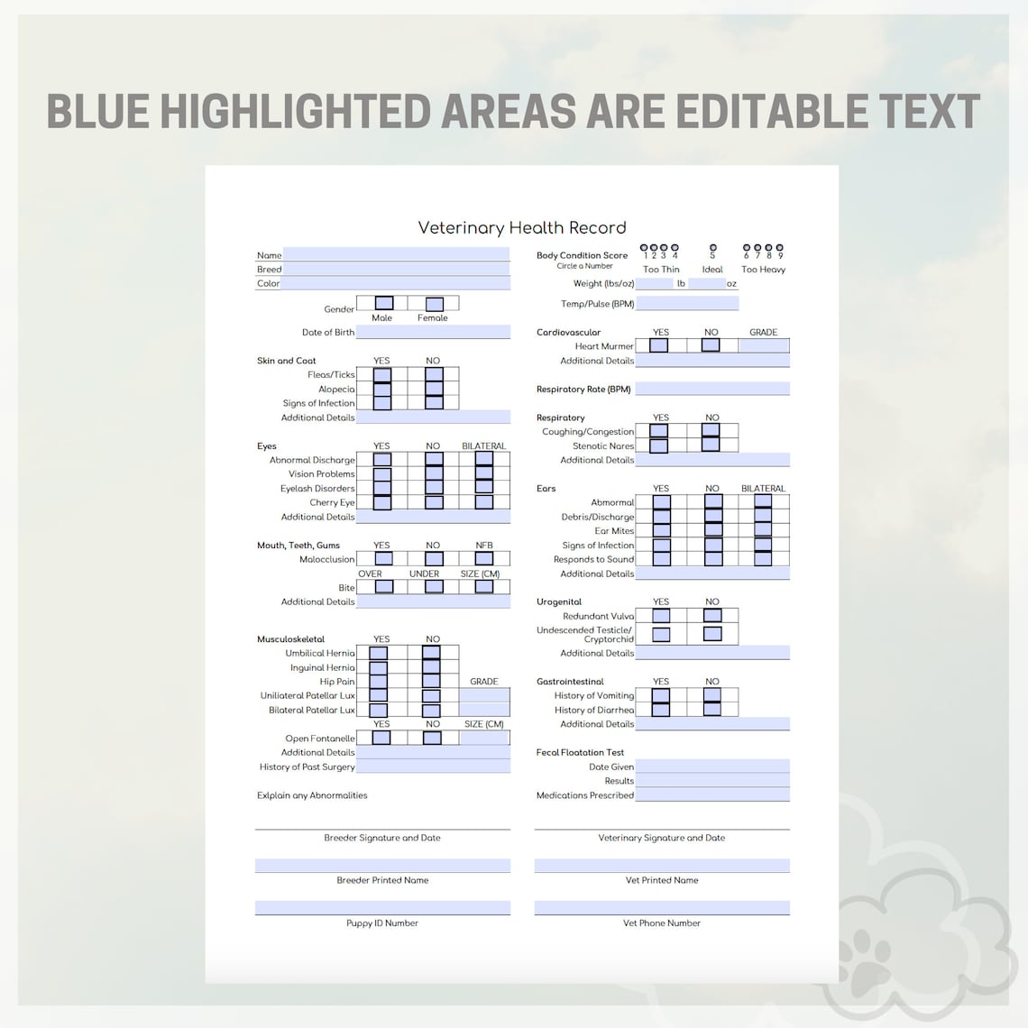 Veterinary Health Record- Fillable PDF - Etsy
