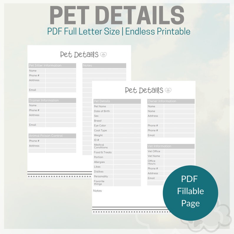 Pet Details- PDF Fillable and Hand Write - Etsy Australia