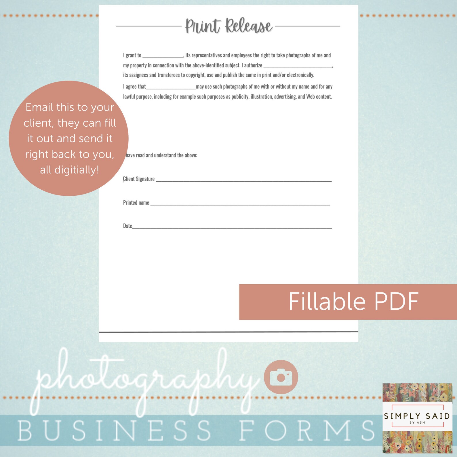 Print Release for Photography Clients- Fillable PDF - Etsy