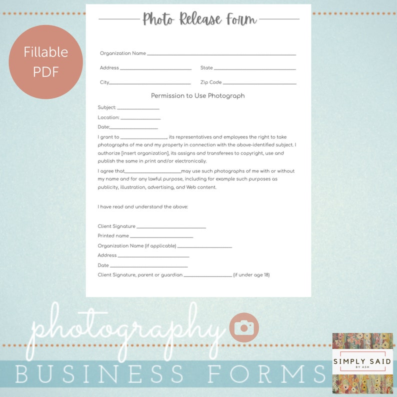 Photo Release Form PDF Fillable INSTANT DOWNLOAD - Etsy