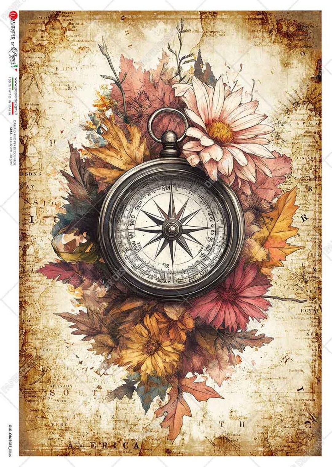 Compass With Autumn Florals| Paper Design #0046|A4 Paper - Decoupage ...