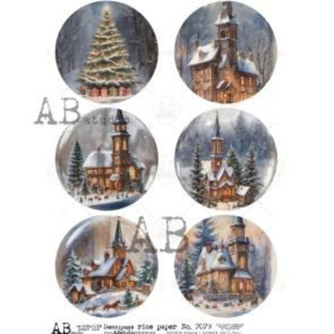 AB Studio #7079 | Rice Paper | Winter Scene Church | Round Circle ...