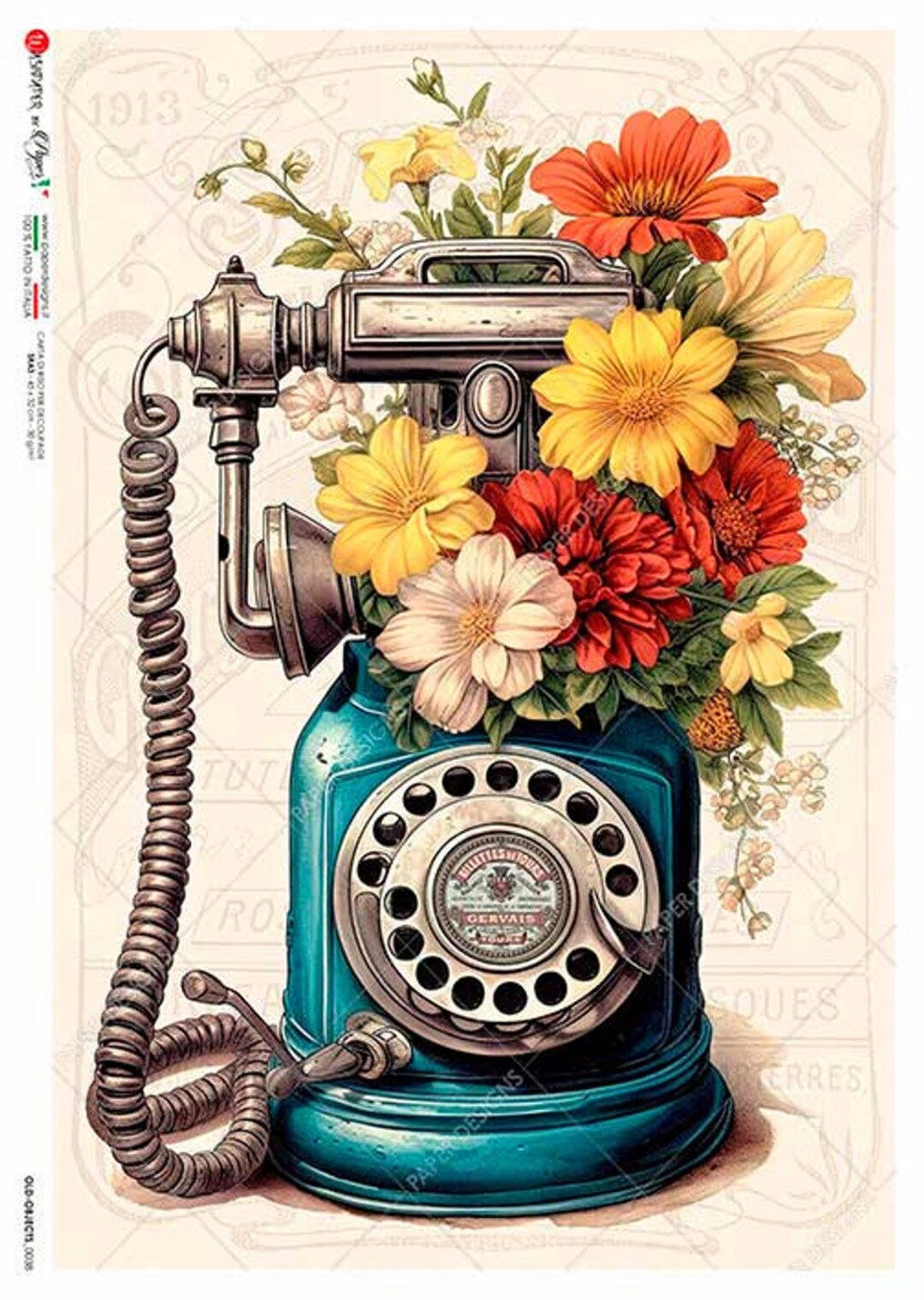 Old School Floral Telephone| Paper Design|a4 Paper - Decoupage Paper ...