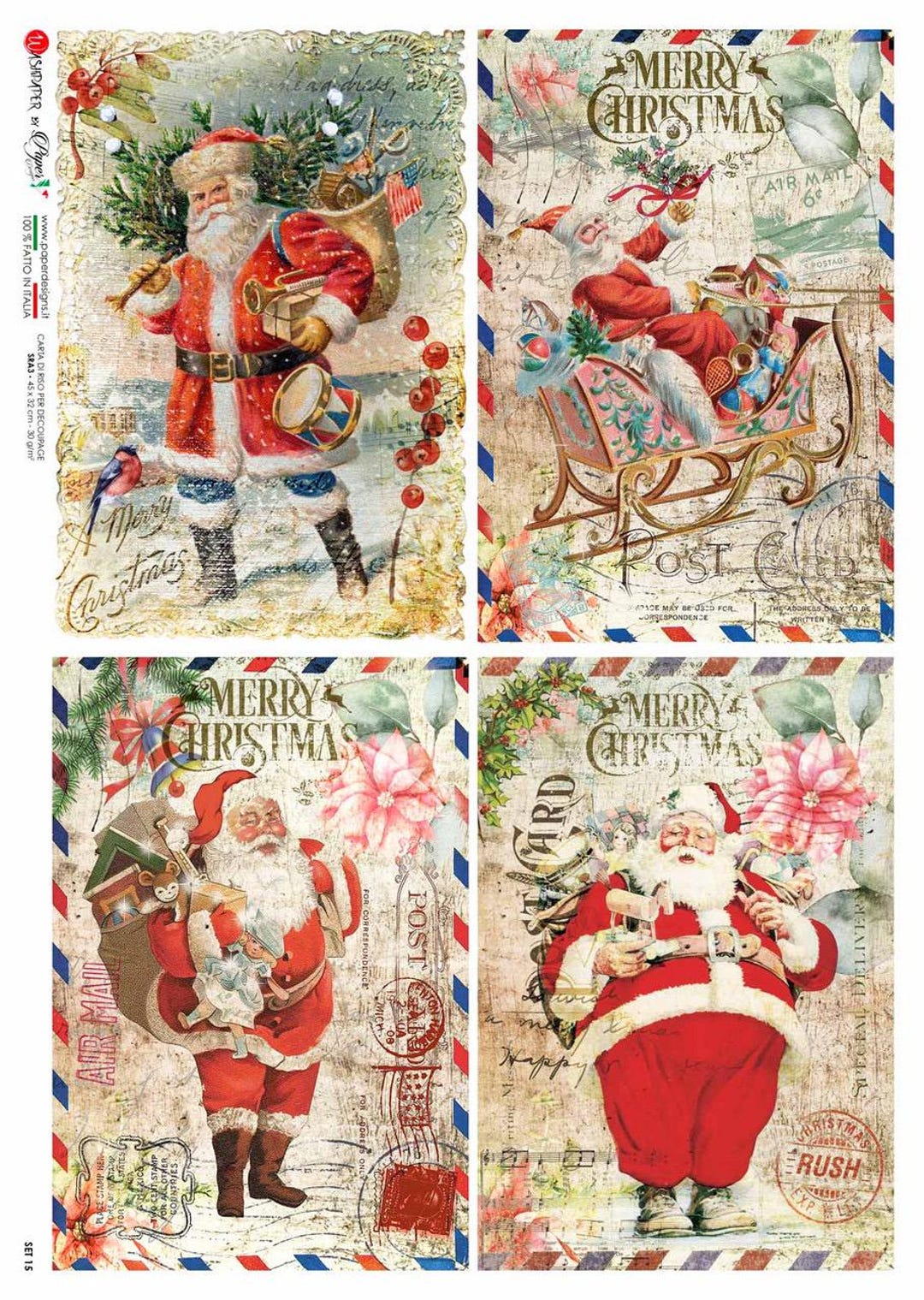 Vintage Santa Greetings I| Paper Design Set 15|A4 A3 Paper - Decoupage ...