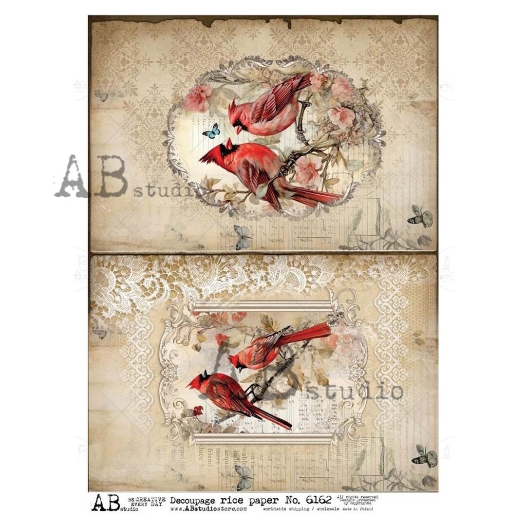 Cardinals on Antique Paper | AB Studios Rice Paper #6162| A4 - DIY ...