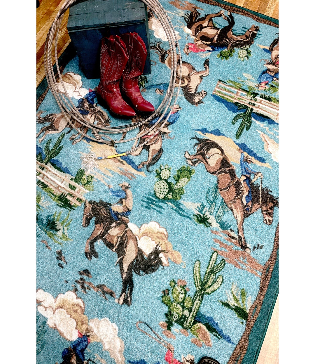 Blue Rodeo Rug, Blue Western Rodeo Rug, Cowboy Rug, Blue Western Rug ...