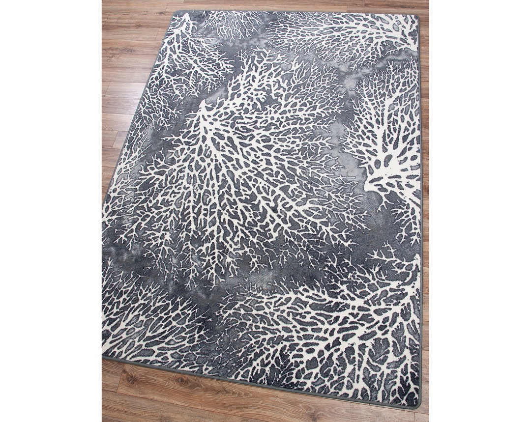 Coral Rug, Gray Coral Rug, Coral Area Rug, Coastal Rug, Beach Rug, Gray ...
