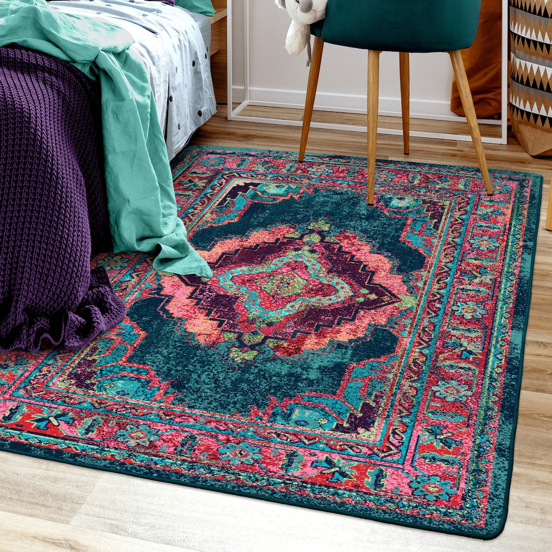 Bright Persian Style Rug, Pink Persian Rug, Teal Persian Rug, Turquoise ...