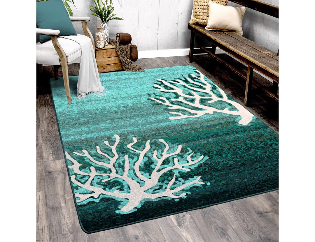 Coral Rug, Green Coral Rug, Teal Coral Rug, Coastal Rug, Beach Rug ...