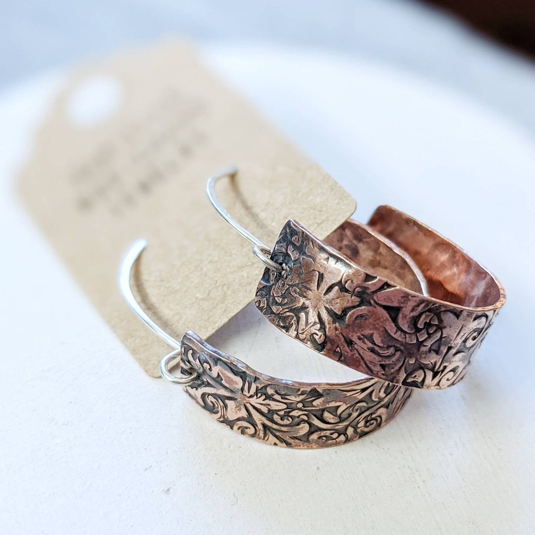 Mixed Metal Hoops, Handmade Copper Earrings, Hammered Copper Hoop ...