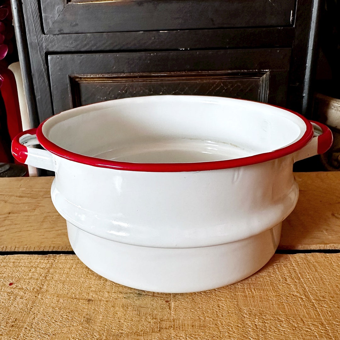 Vintage Enamel Pot, Red Trim Enamelware, Vintage Farmhouse Kitchen ...