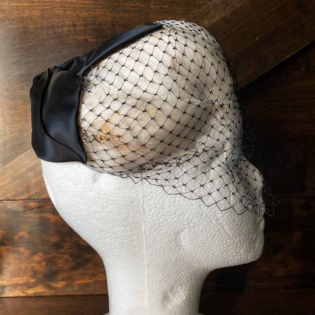 Vintage Feather Hat, 1950's Casque Hat, Capulet Hat, Veiled Hat, Large ...