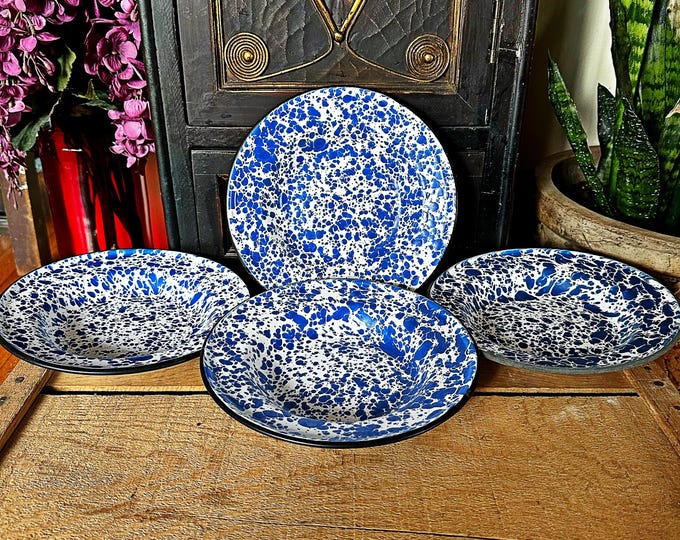Vintage Enamel Plates, Blue Splatterware Enamel, 8", Set of 4 ...