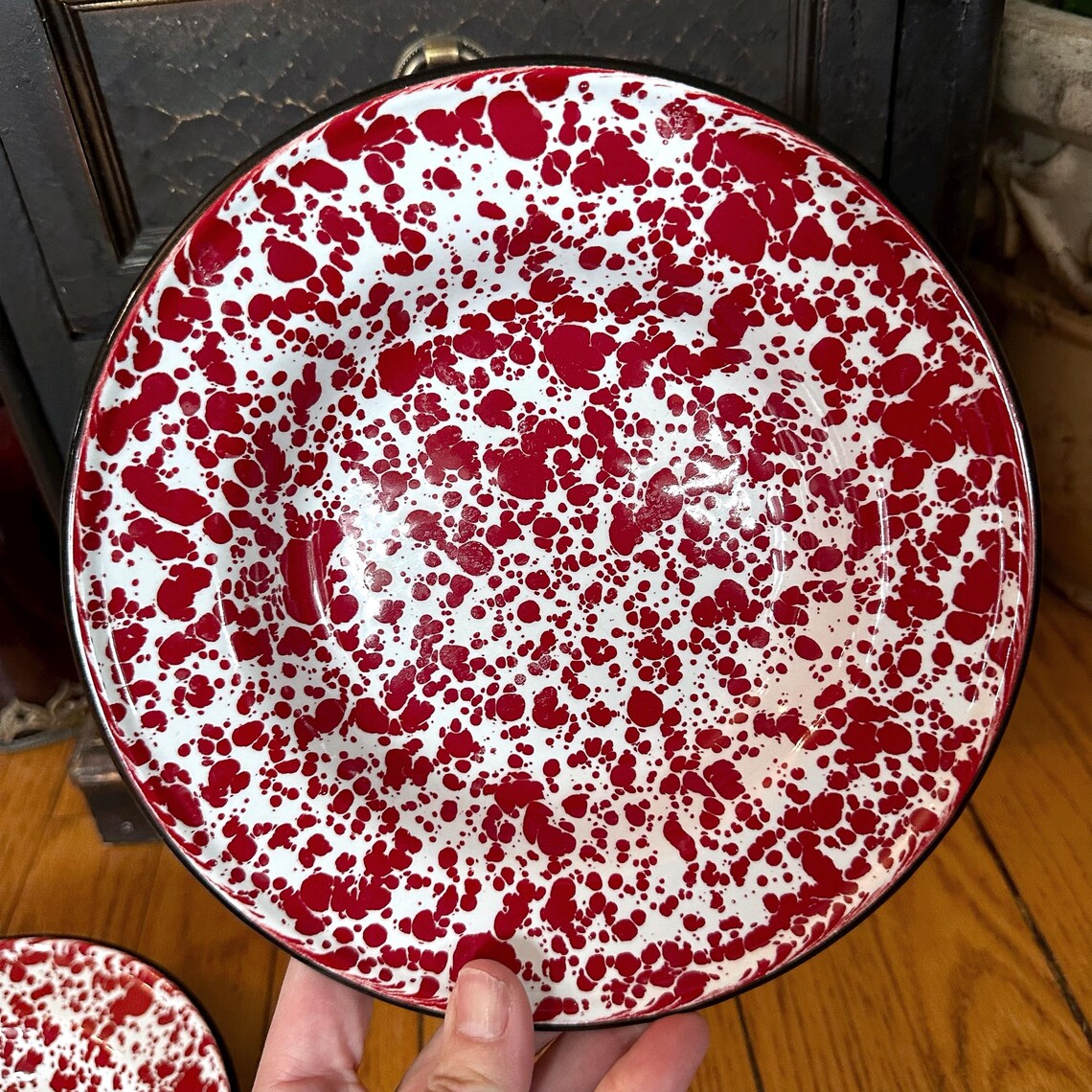 Vintage Splatterware Enamel Plates, Red and White Enamelware Plates ...