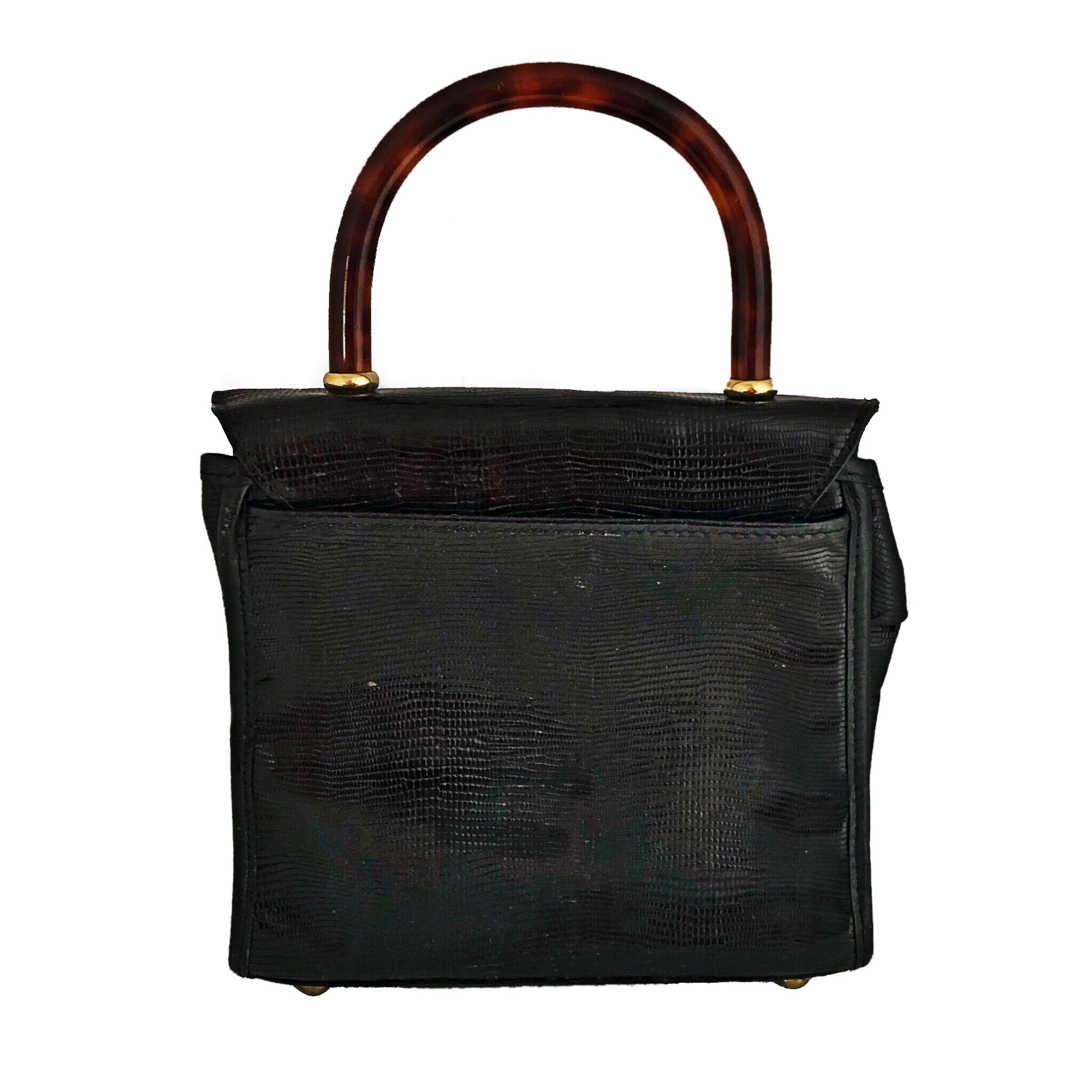 Vintage Brahmin Handbag, Black Leather Purse, Lucite Handle, Textured ...