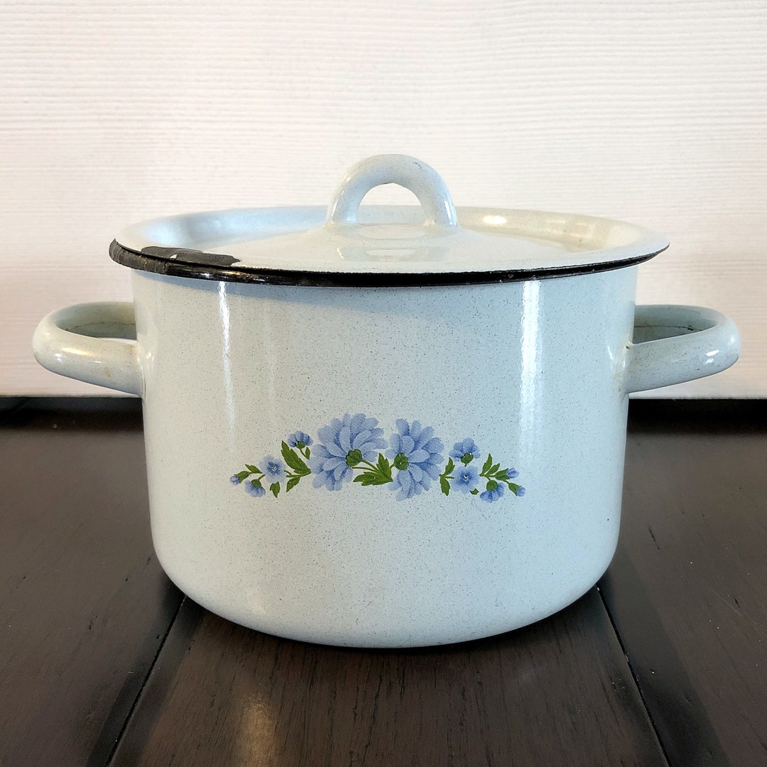 Vintage Enamel Pot: Light Blue Speckled Graniteware With Floral Design ...