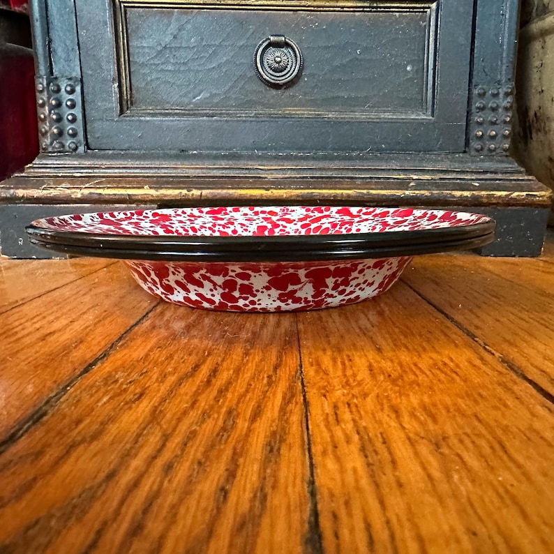 Vintage Splatterware Enamel Plates, Red and White Enamelware Plates ...