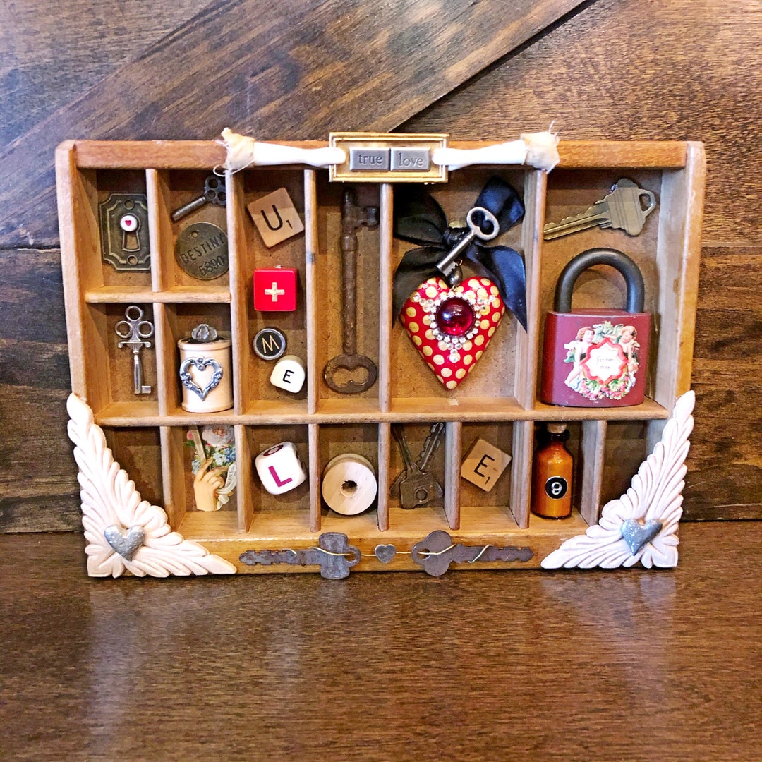 Assemblage Art, Found Objects Shadow Box, Love Theme, "key to My Heart ...