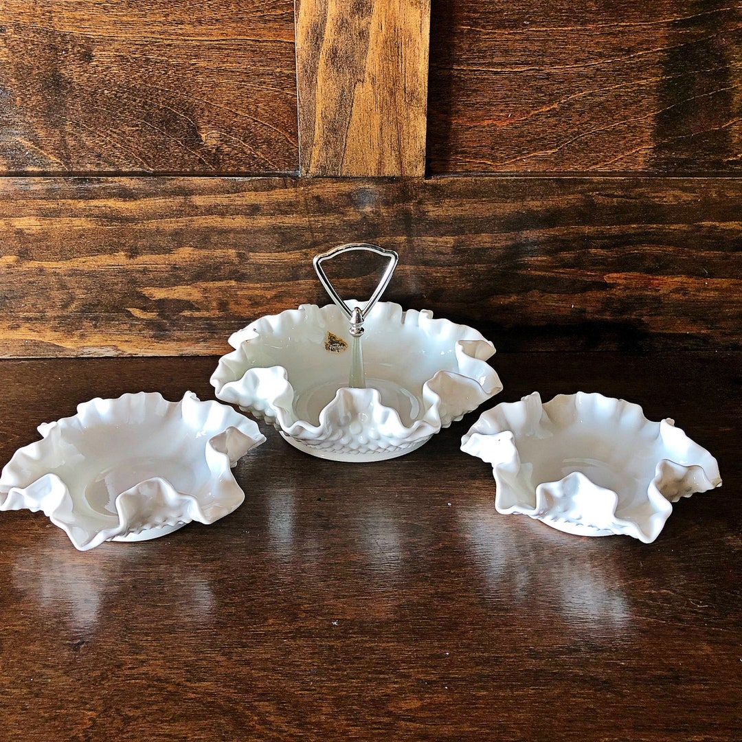 Vintage Fenton Ruffled Edge Candy Dish Set, Hobnail Milk Glass, Nut ...