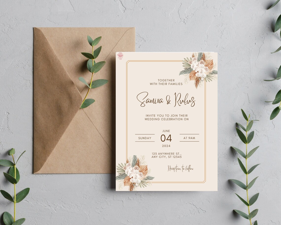 Beige Wedding Invitation Card, Wedding Invite, Floral Wedding Template ...