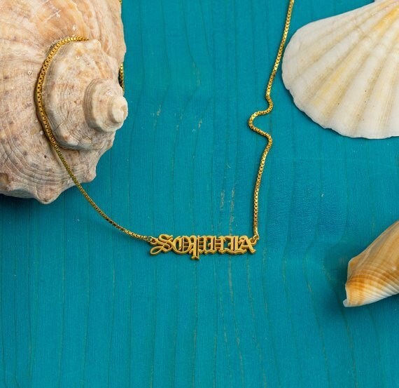 14K Solid Gold English Name Necklace Gold Name Necklace | Etsy