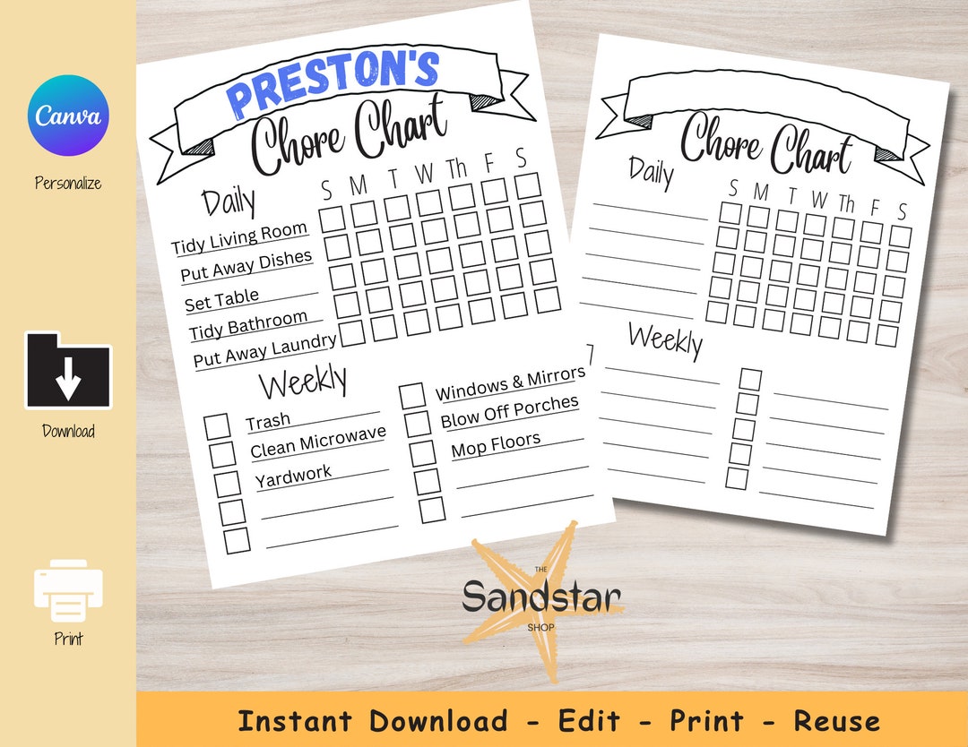 Personalized Chore Chart Digital Download | Editable | Responsibilities ...