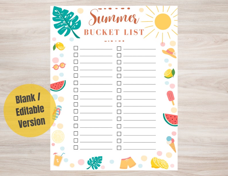 Summer Bucket List | Checklist | Printable and Editable | Summer to Do ...