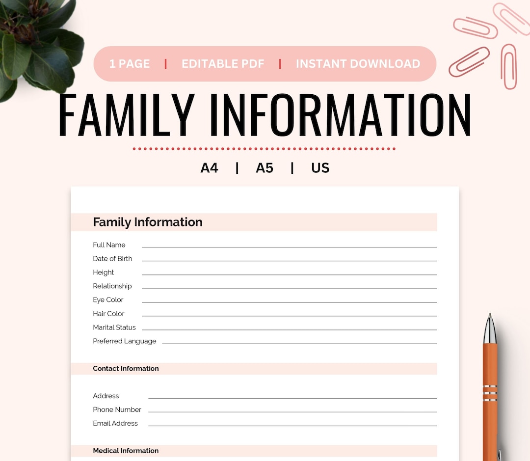 Family Member Information Sheet Family Member Information - Etsy