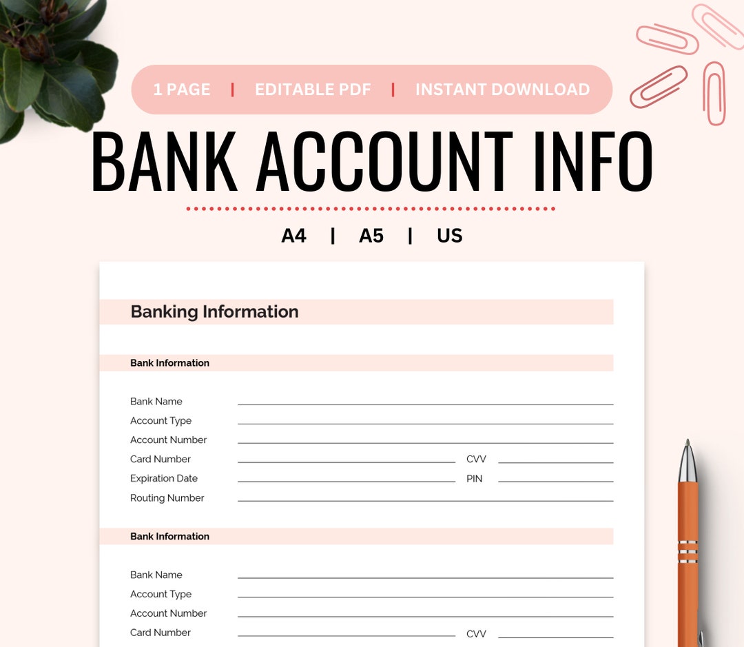 Fillable Bank Account Information Tracker Printable Bank - Etsy