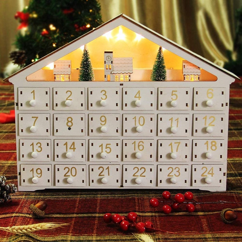 Christmas Advent Calendar White Wooden LED Lighted Countdown - Etsy