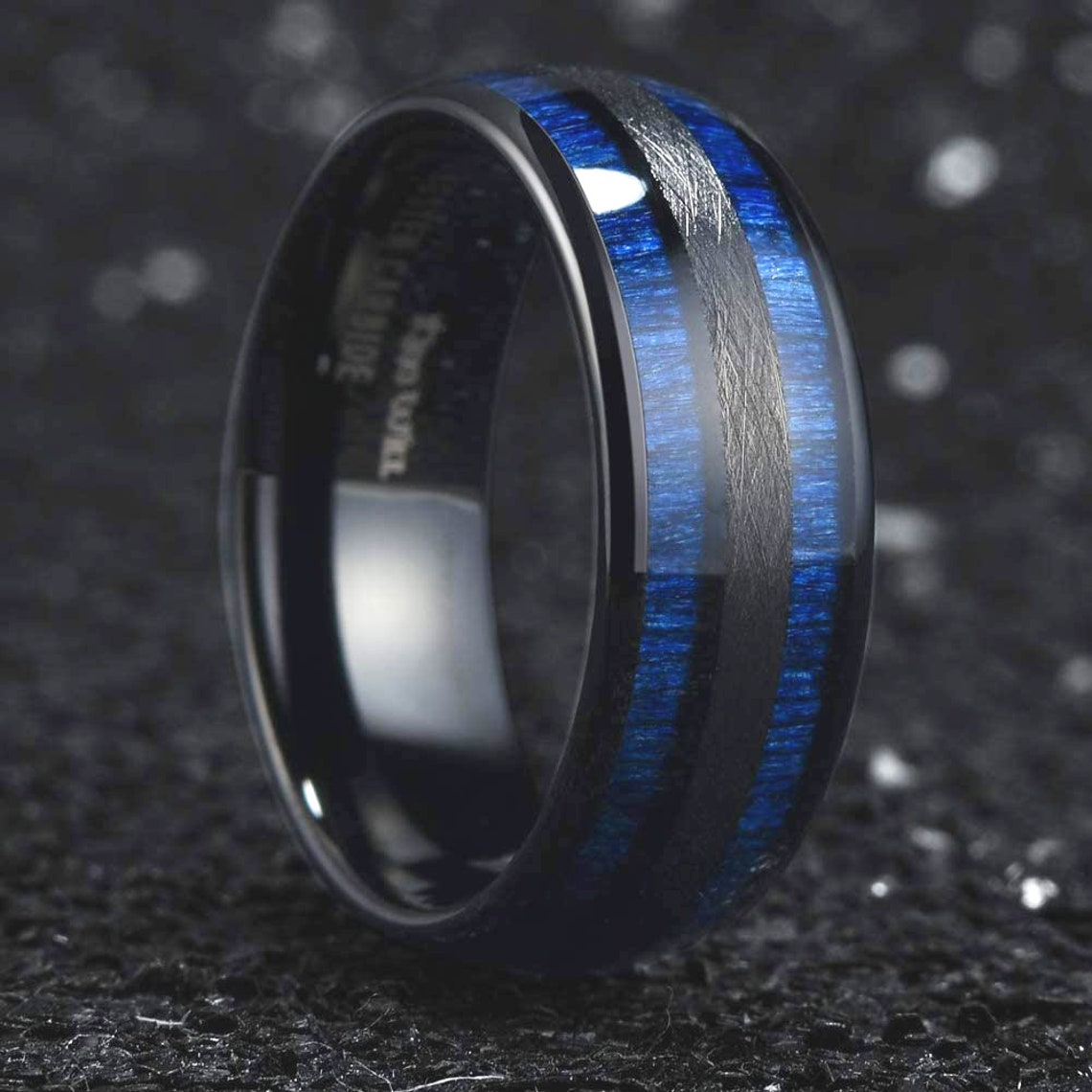Black Tungsten Carbide Ring 8mm Mens Blue Maple Wood Inlay | Etsy