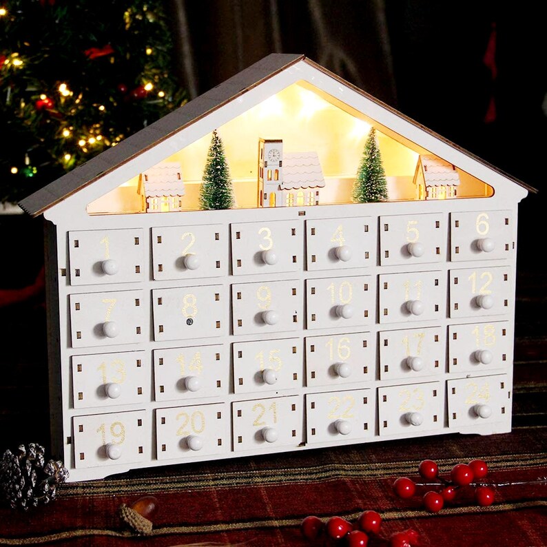 Christmas Advent Calendar White Wooden LED Lighted Countdown - Etsy