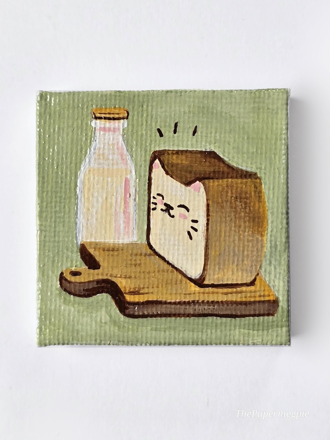 Cat Loaf Artwork, 2x2 Mini Canvas Painting, Cute Animal Food Art, Baked ...