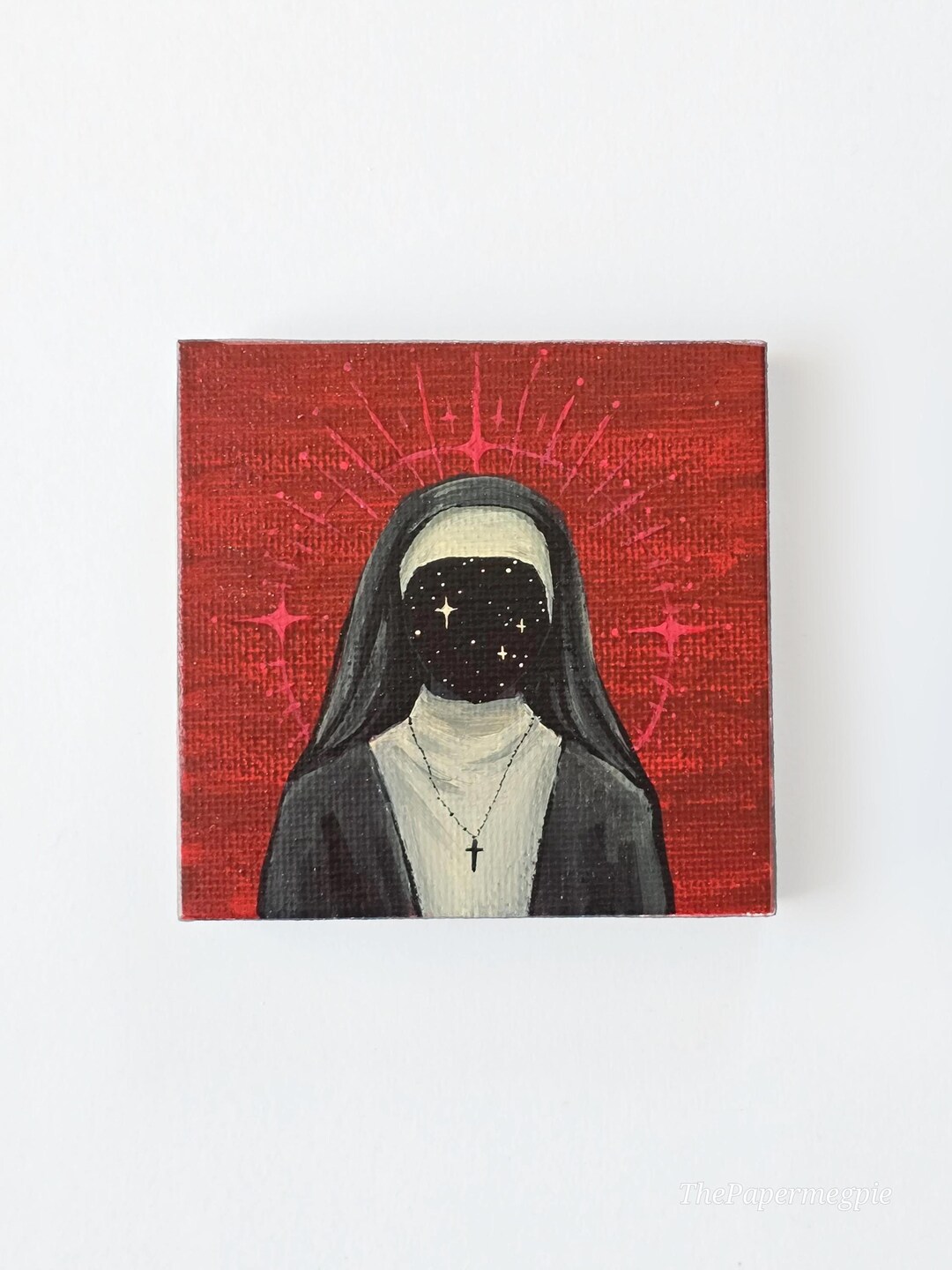 The Red Nun, 3x3 Mini Painting, Moon and Stars, Dark Themed Artwork ...