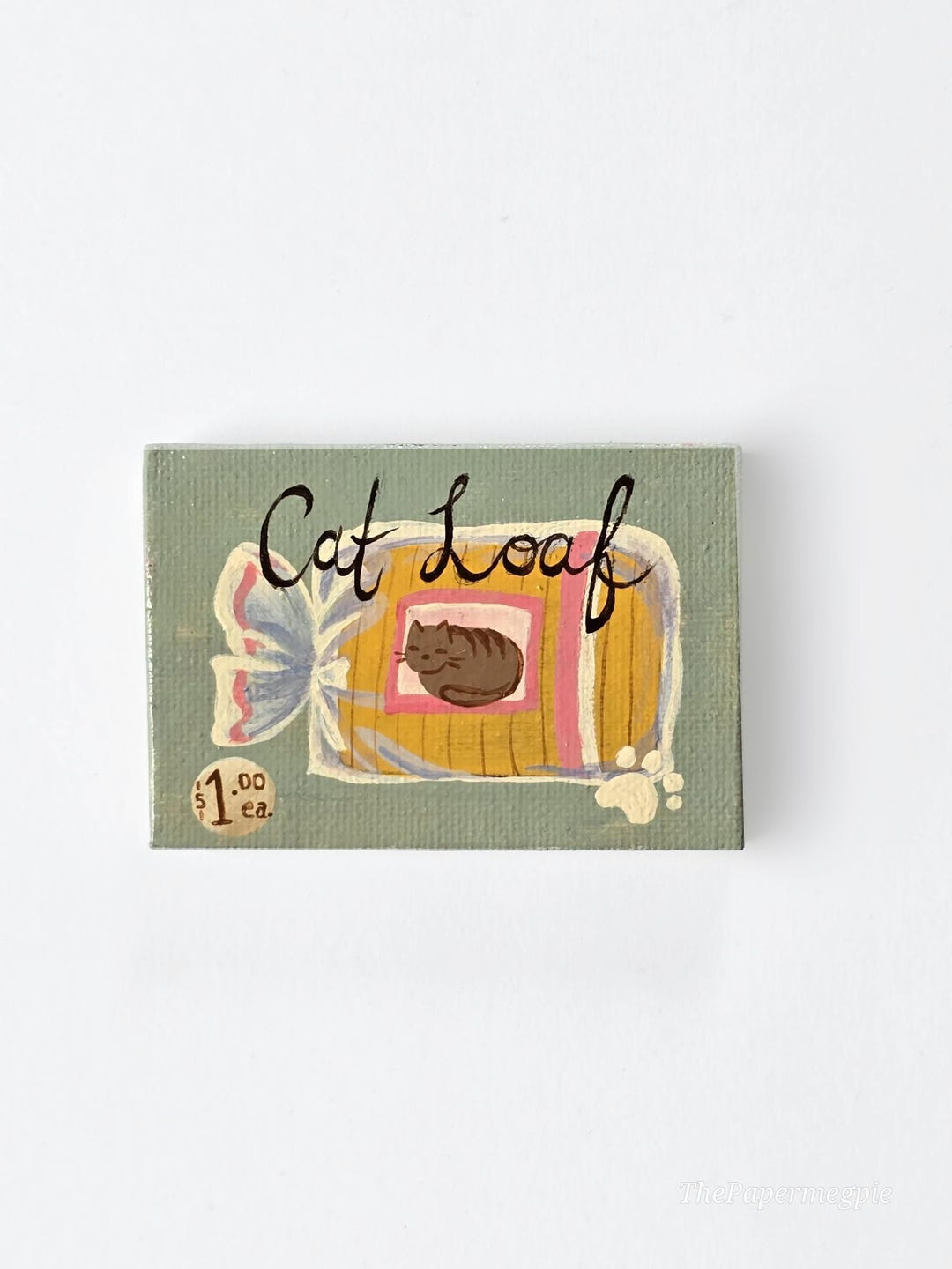 Cat Loaf Artwork, 2x3 Mini Canvas Painting, Cute Animal Food Art, Baked ...