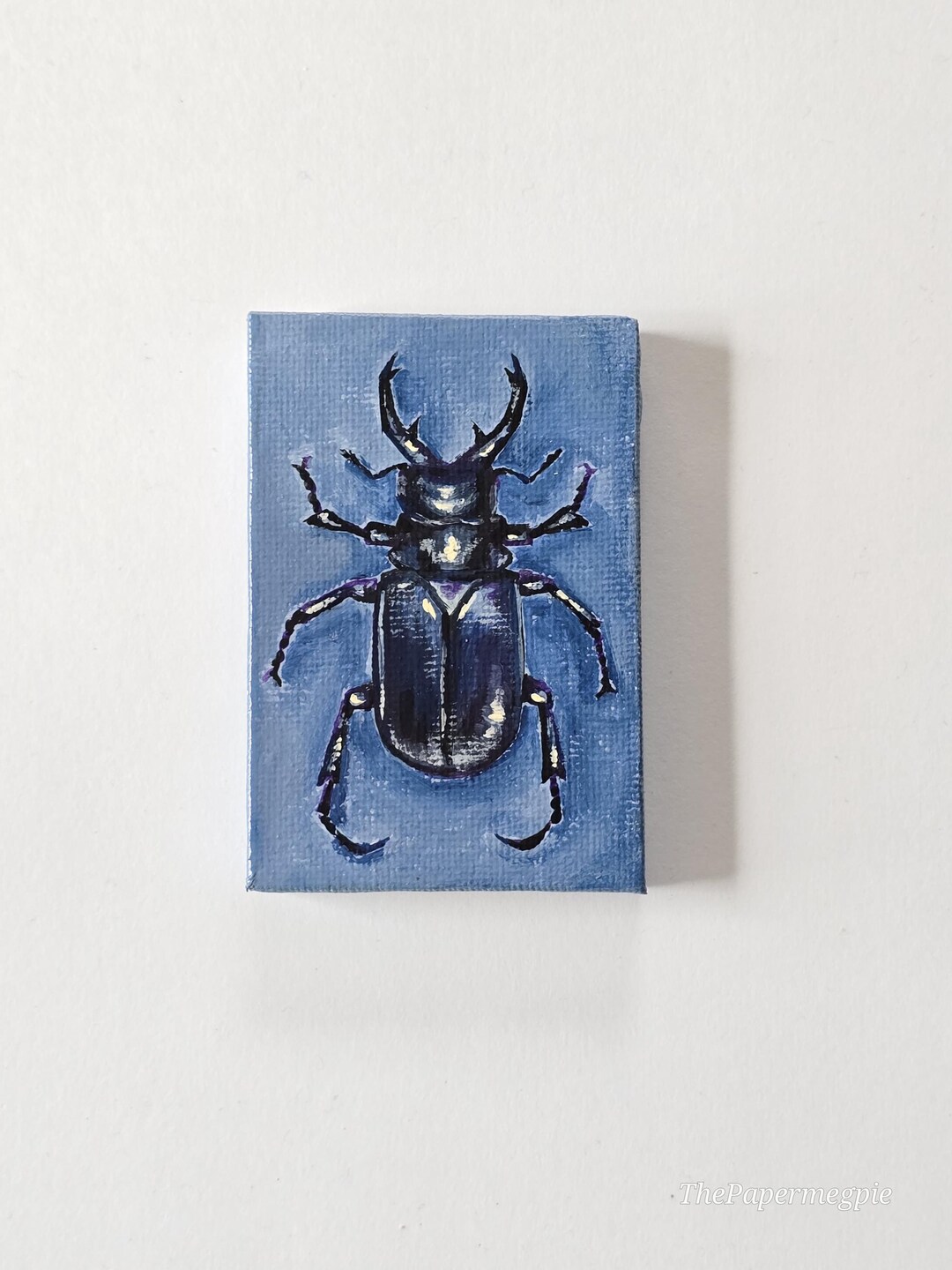 Blue Beetlepainting, 2x3 Mini Canvas Painting, Giant Bug Art, Insect ...