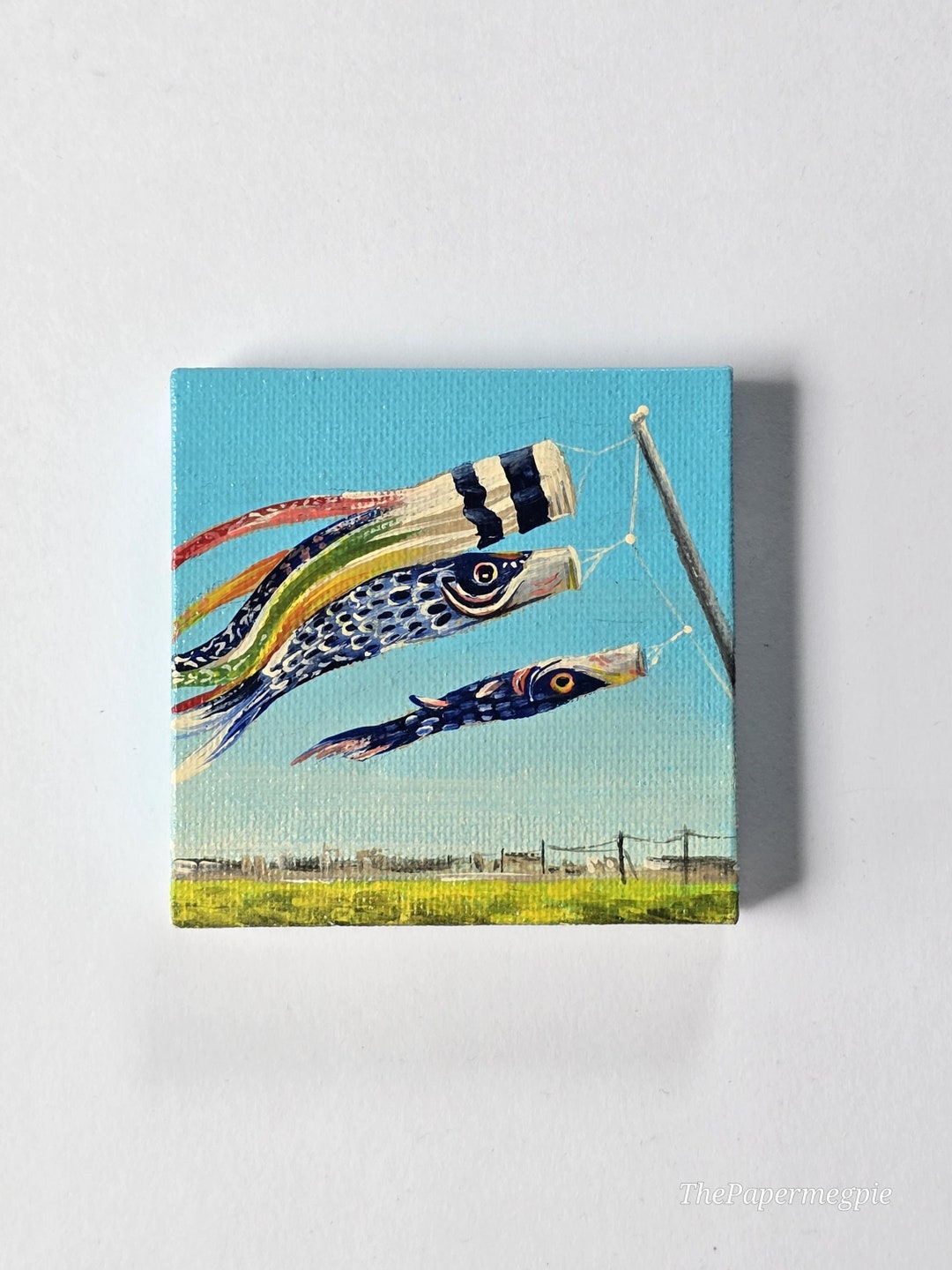 Fish Wind Sock Painting, 3x3 Mini Canvas Painting, Water Themed Artwork ...