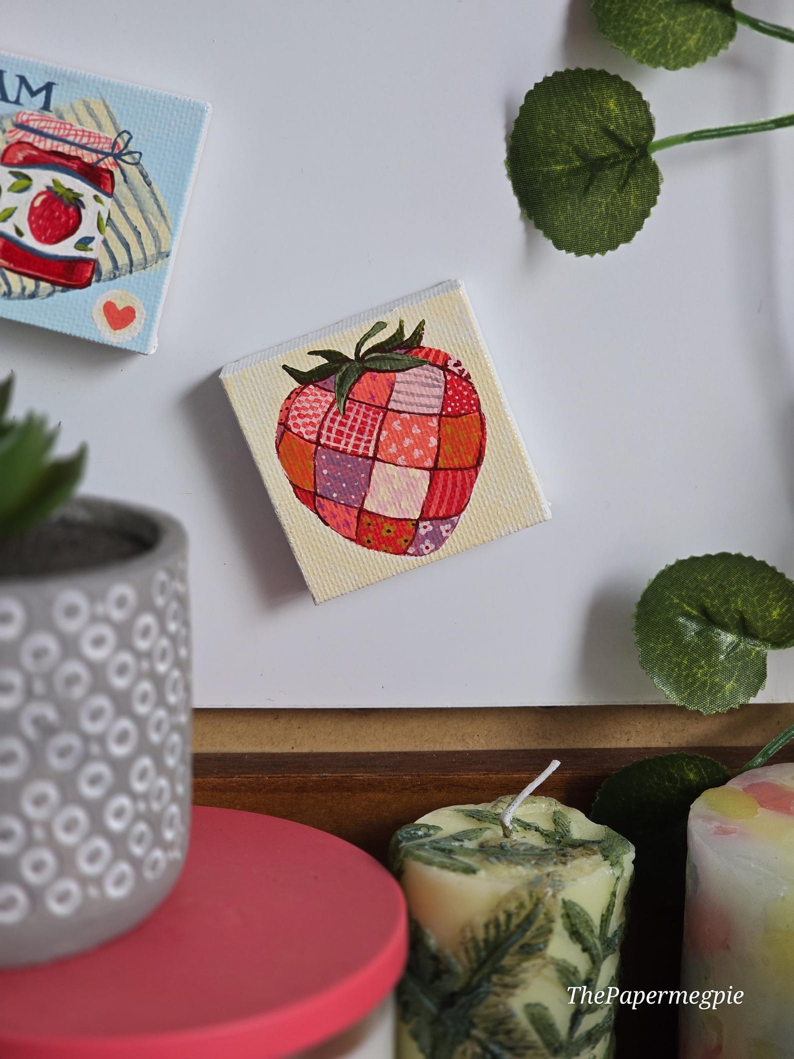 Quilted Strawberry Artwork, 2x2 Mini Painting, Cute Berry Painting ...