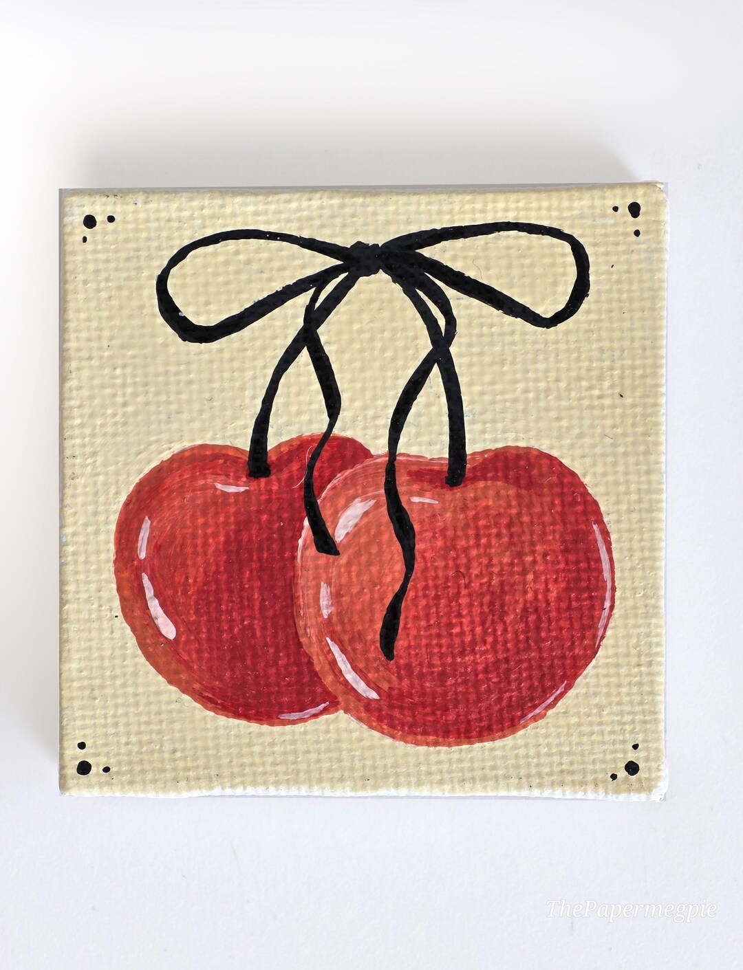 Bright Red Cherries, 2x2 Mini Canvas, Hand Made Fridge Magnet, Cute ...