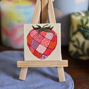 Quilted Strawberry Artwork, 2x2 Mini Painting, Cute Berry Painting ...