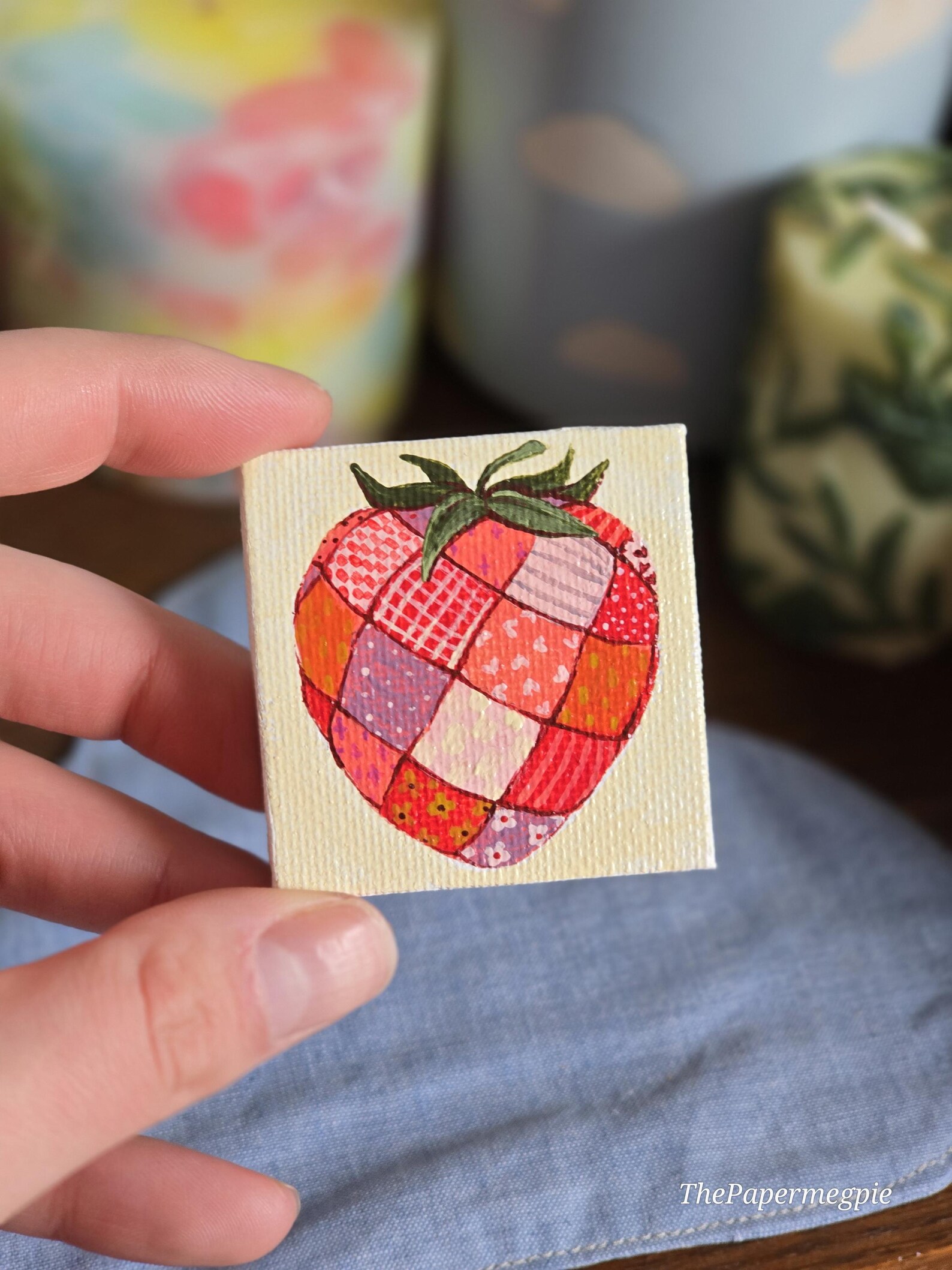 Quilted Strawberry Artwork, 2x2 Mini Painting, Cute Berry Painting ...