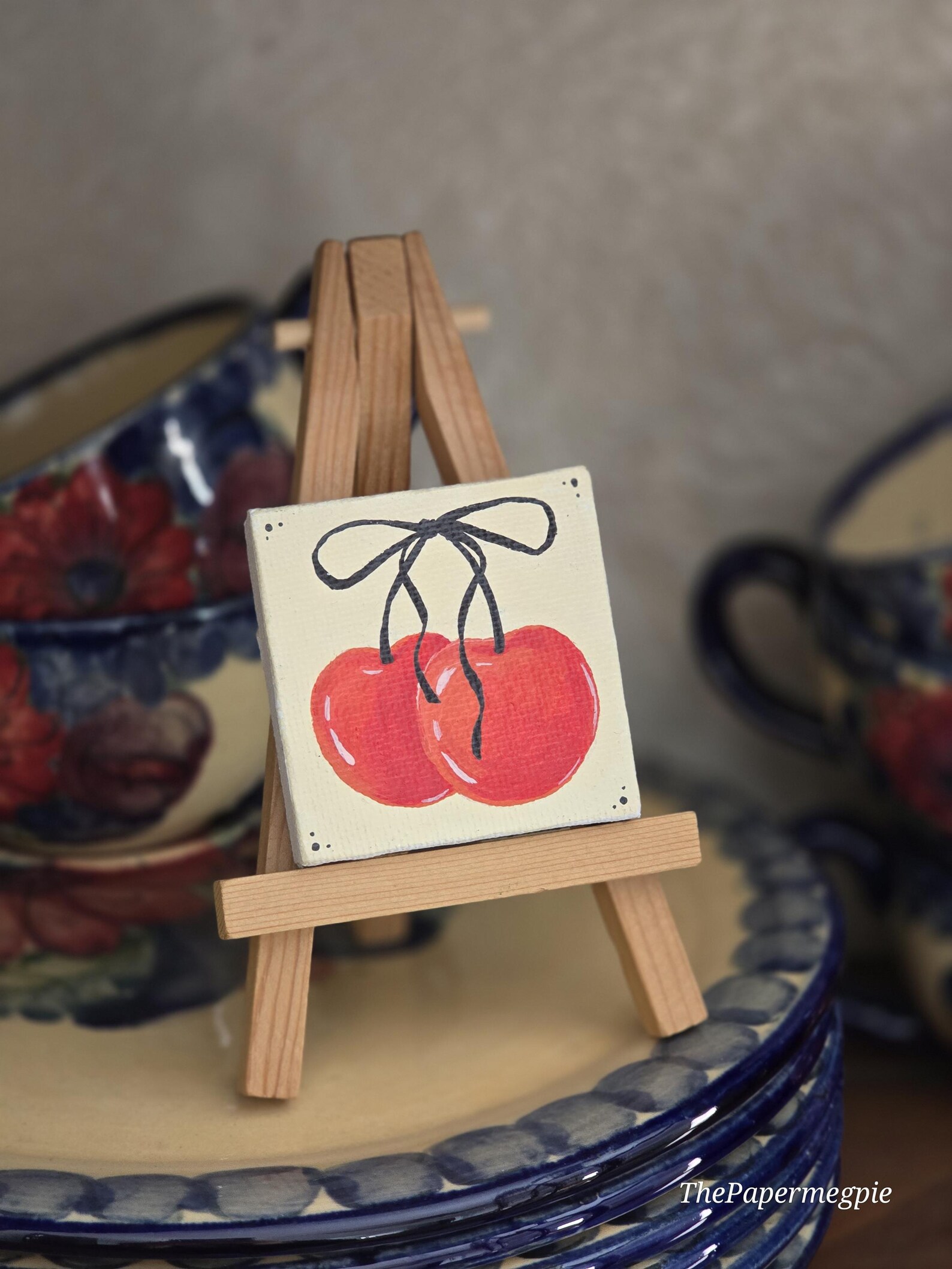 Bright Red Cherries, 2x2 Mini Canvas, Hand Made Fridge Magnet, Cute ...